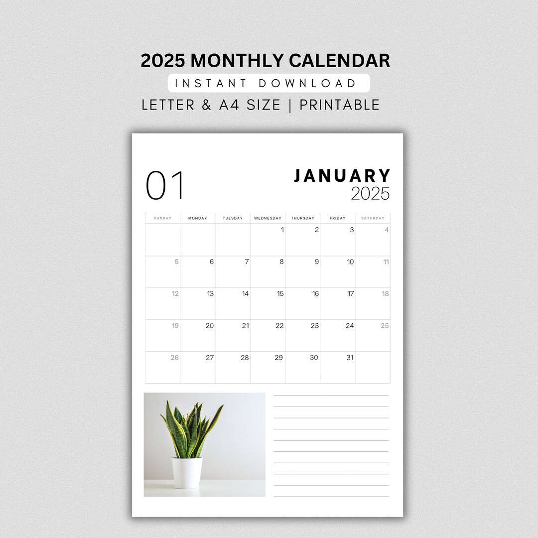 2025 Minimalist Calendar With Notes Printable Instant Download Year ...