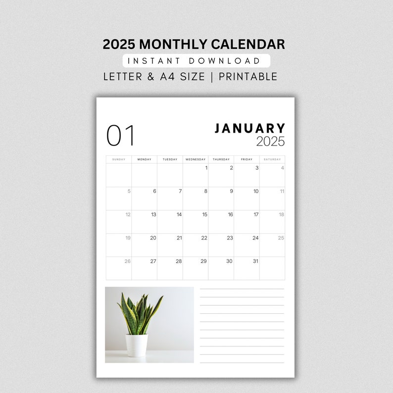 2025 Minimalist Calendar With Notes Printable Instant Download Year ...