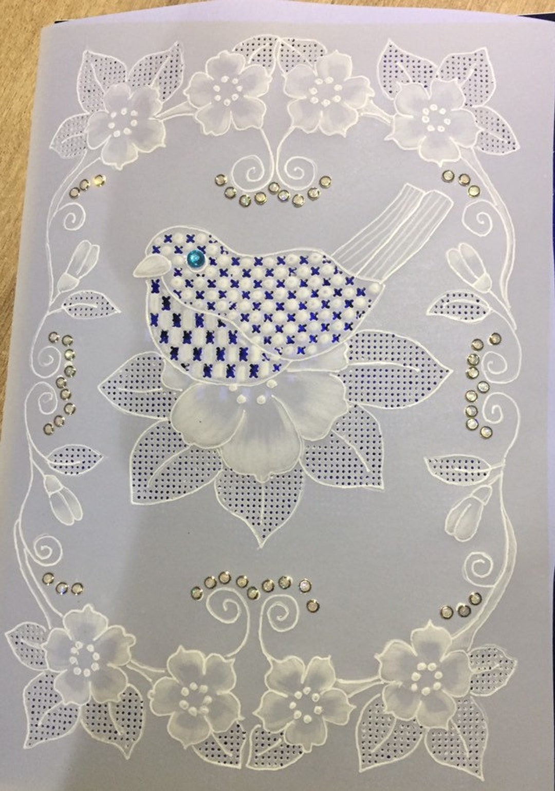 White Work Parchment Card: Bird and Flowers - Etsy