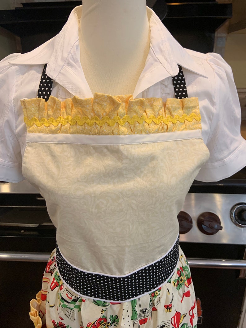 Retro Kitchen Full Hostess Apron With Yellow Ruffles, Cream, and Black ...
