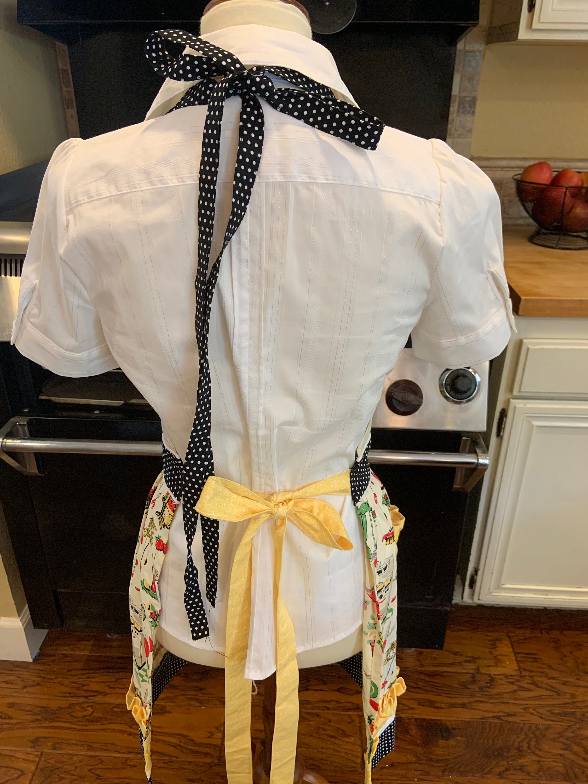 Retro Kitchen Full Hostess Apron With Yellow Ruffles, Cream, and Black ...