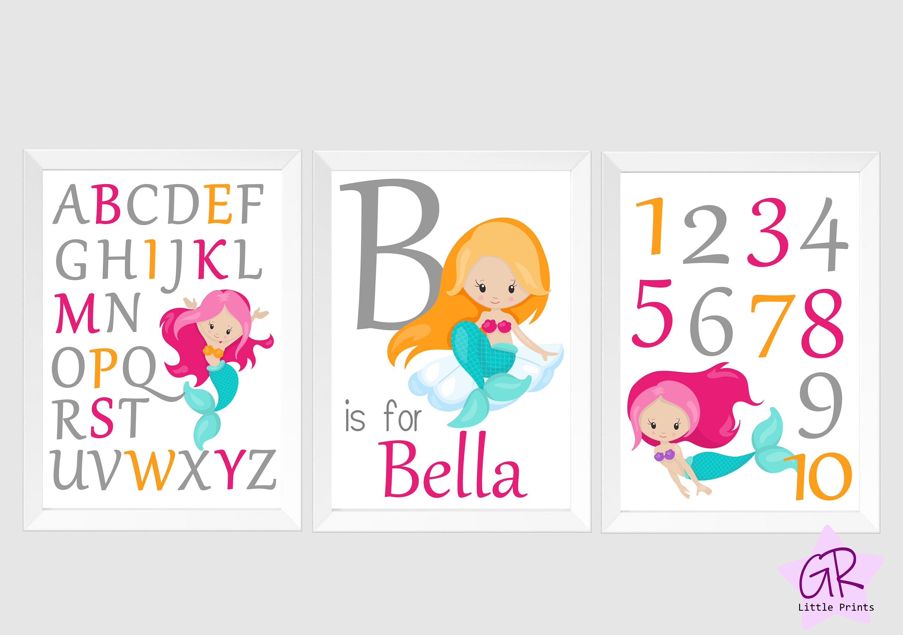 Girls Mermaid Alphabet Numbers 3 Poster Print Set Nursery. ABC - Etsy ...
