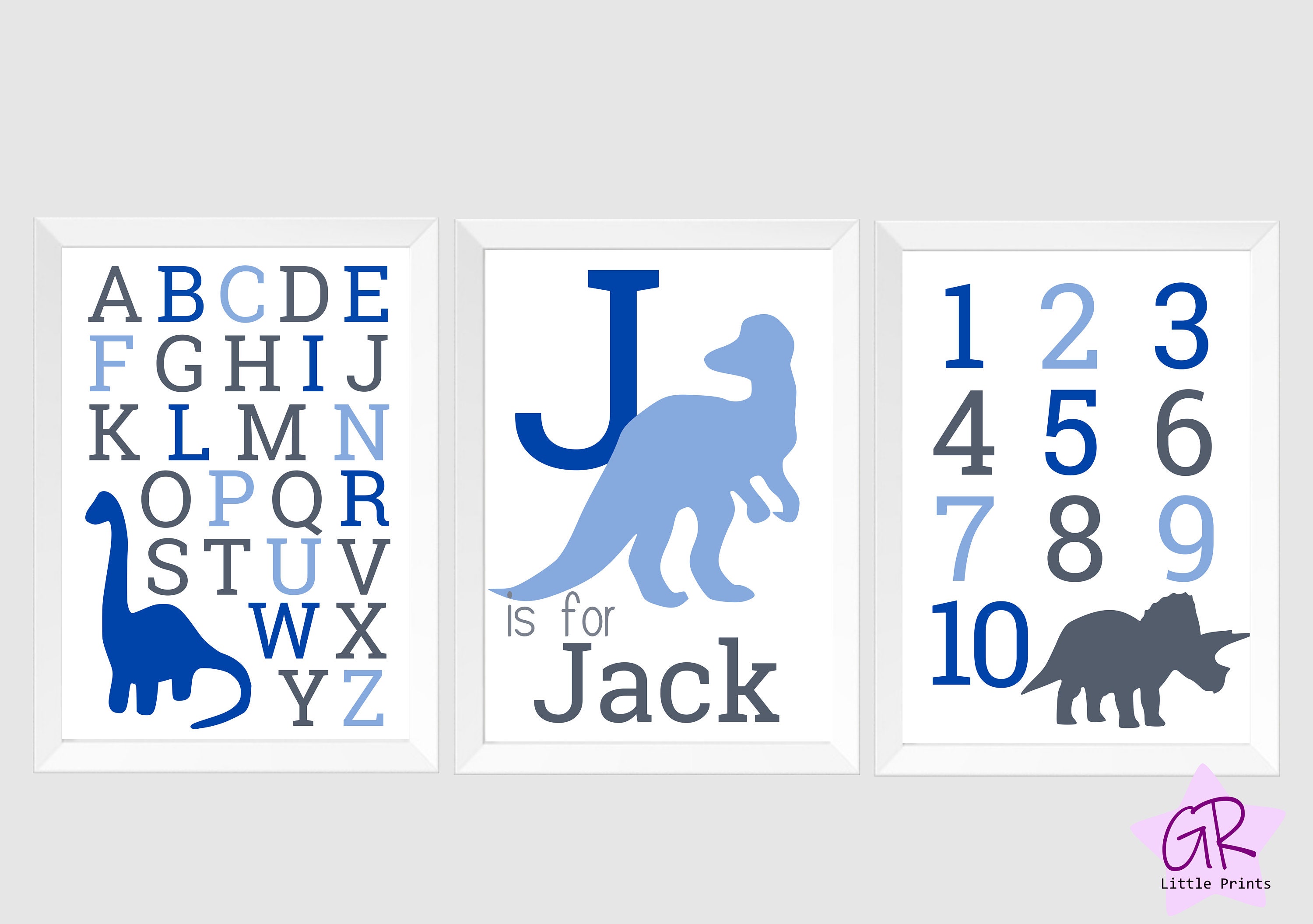 Dinosaur Alphabet Numbers 3 Print Set With Custom Name. ABC - Etsy