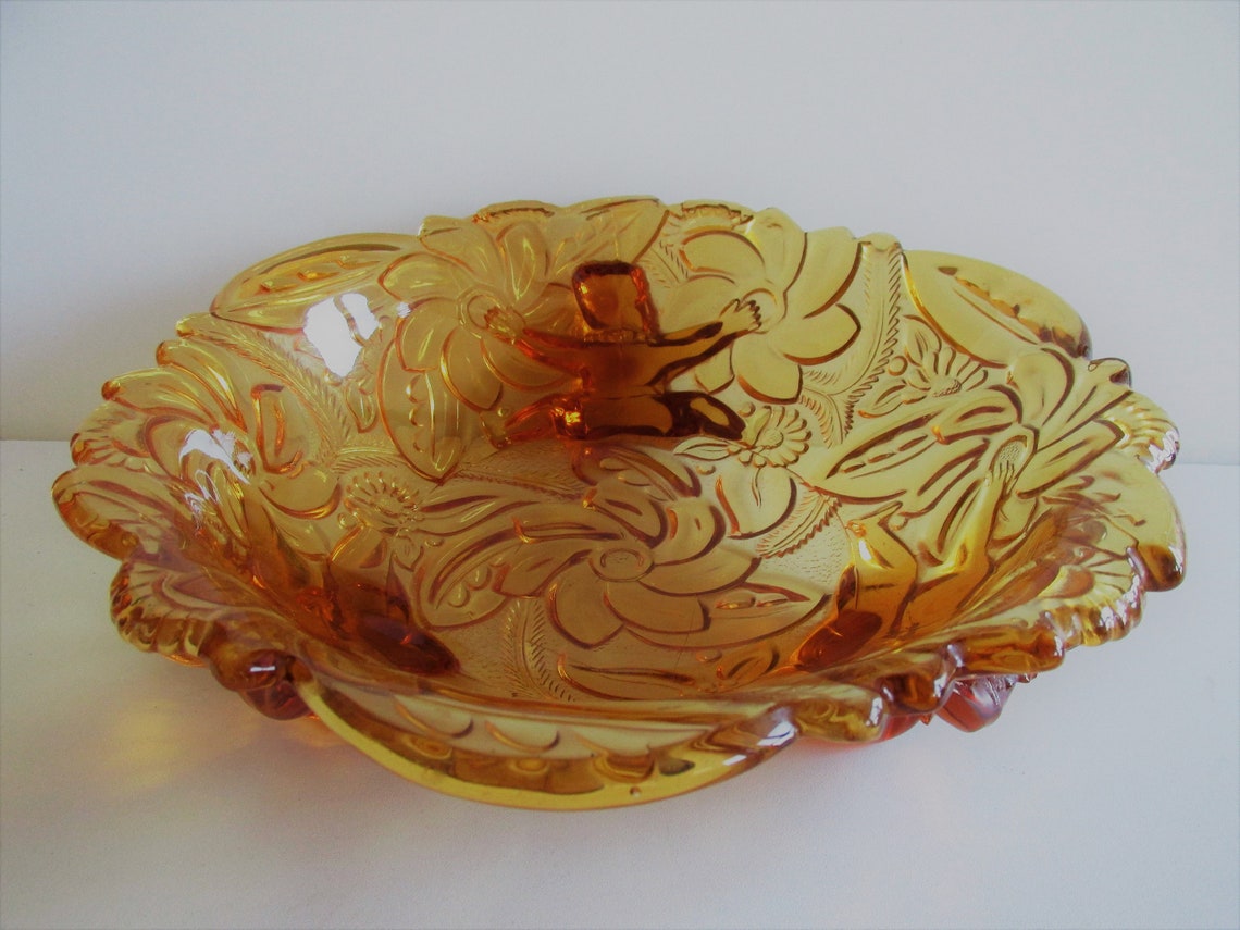 Vintage J.inwald Barolac Czech/bohemian Amber Pressed Glass Bowl ART ...