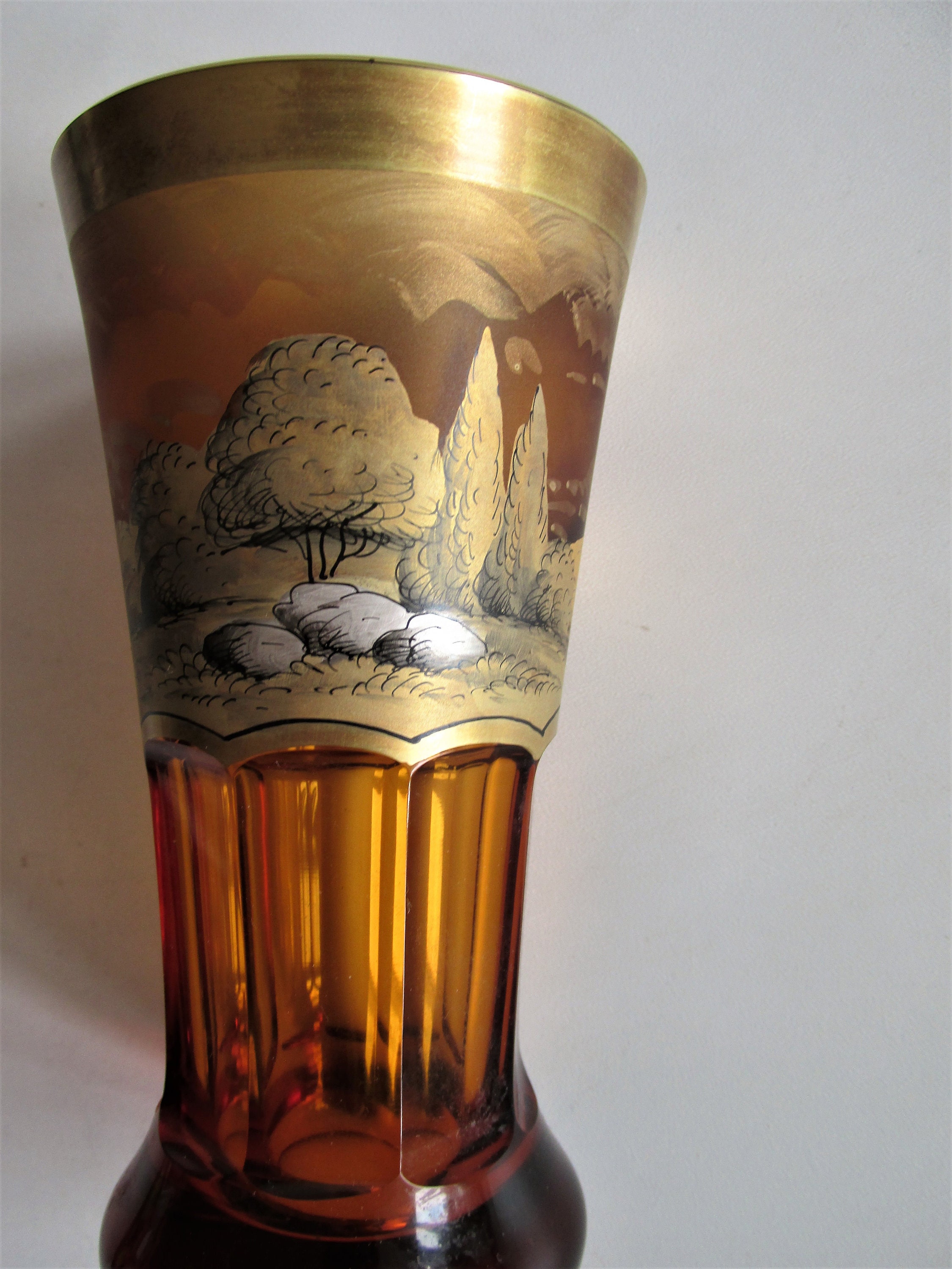 Vintage Bohemian Amber Art Glass VASE Hand Painted Landscape - Etsy