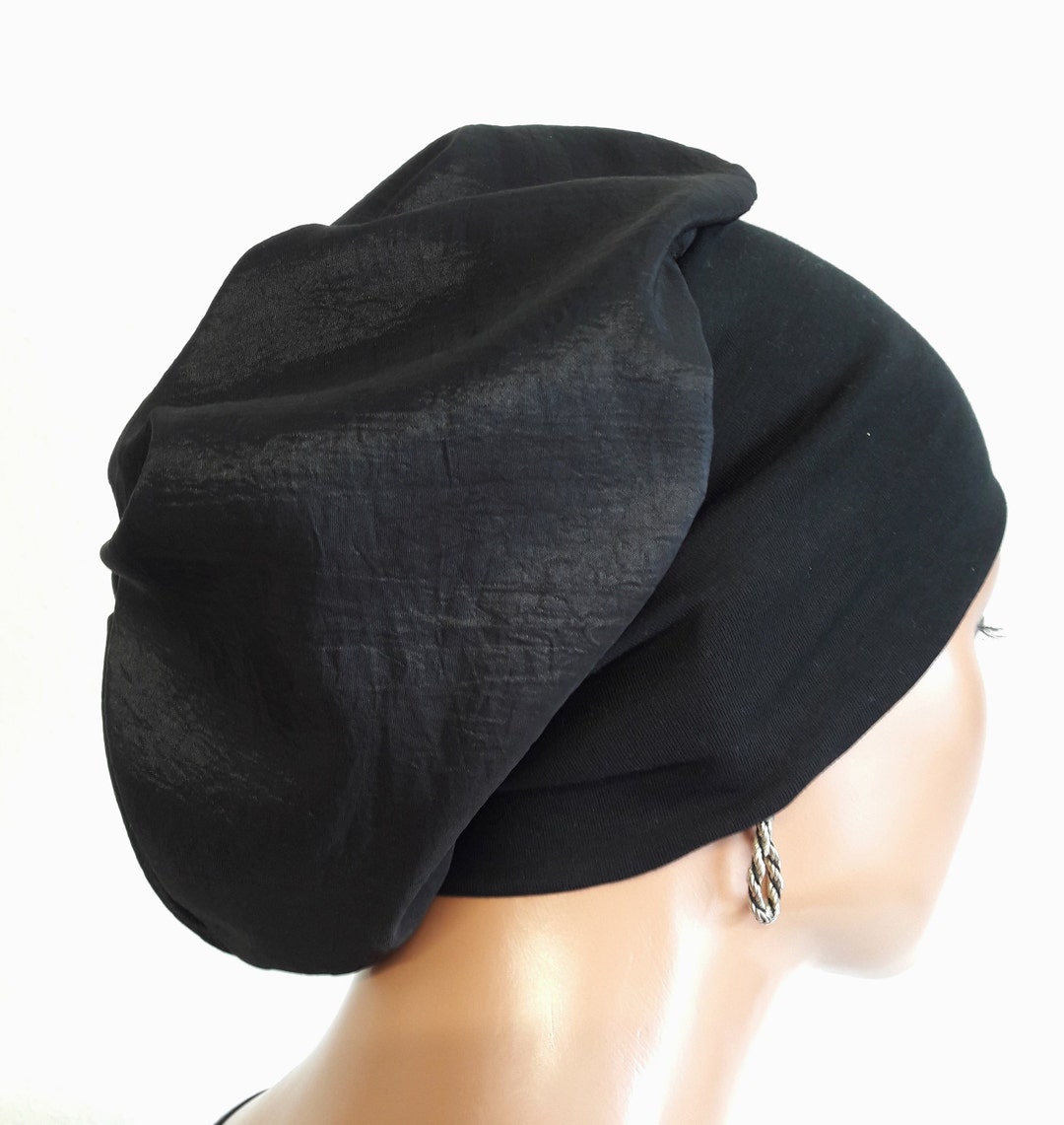 WOMEN'S Balloon Hat Beret Black Taffeta Band Jersey Basic Hat CHEMO ...