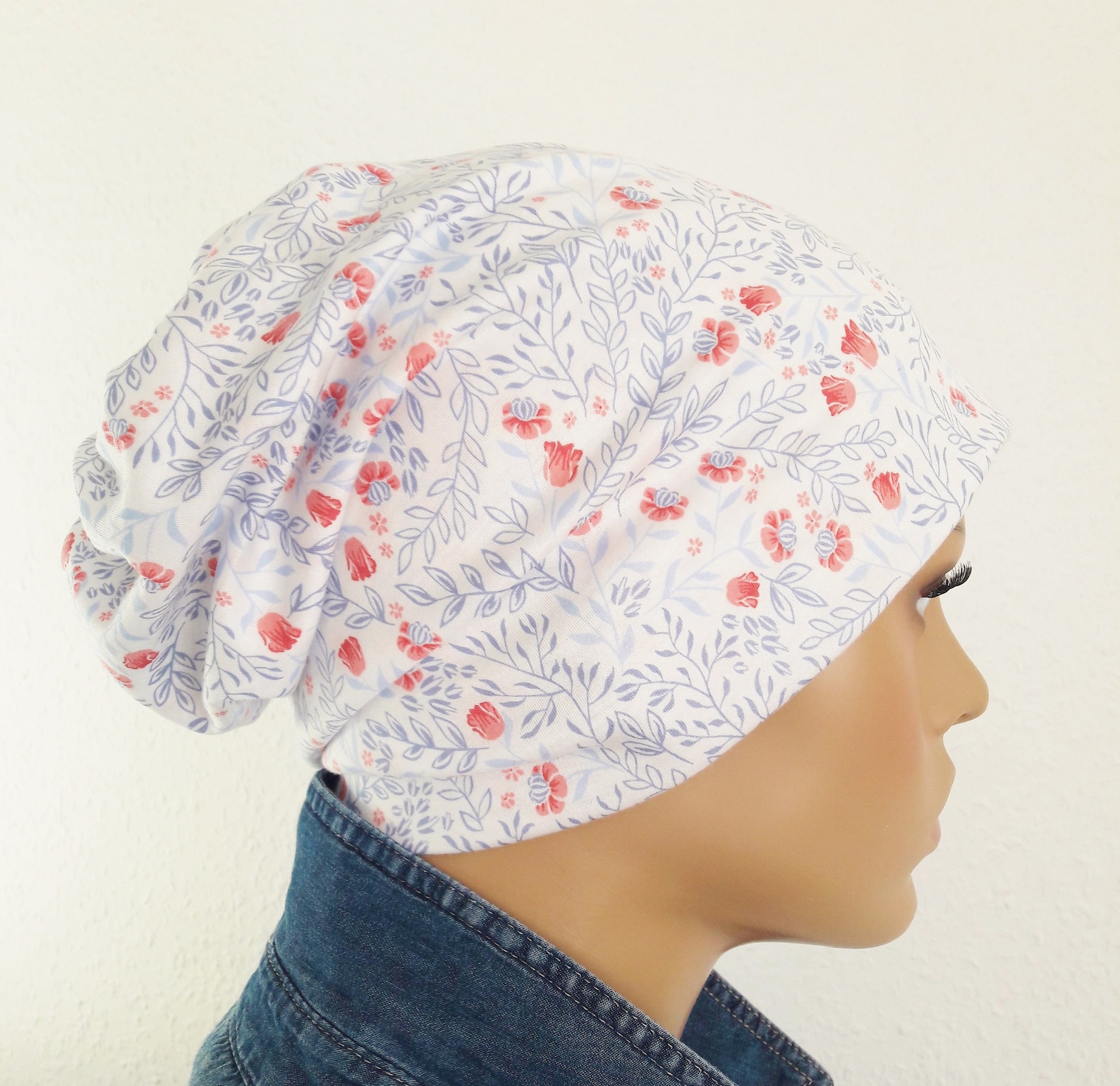 Cuddly Sleepy Night Cap Double Ply Cap White Blue Purple Flowers Chemo ...