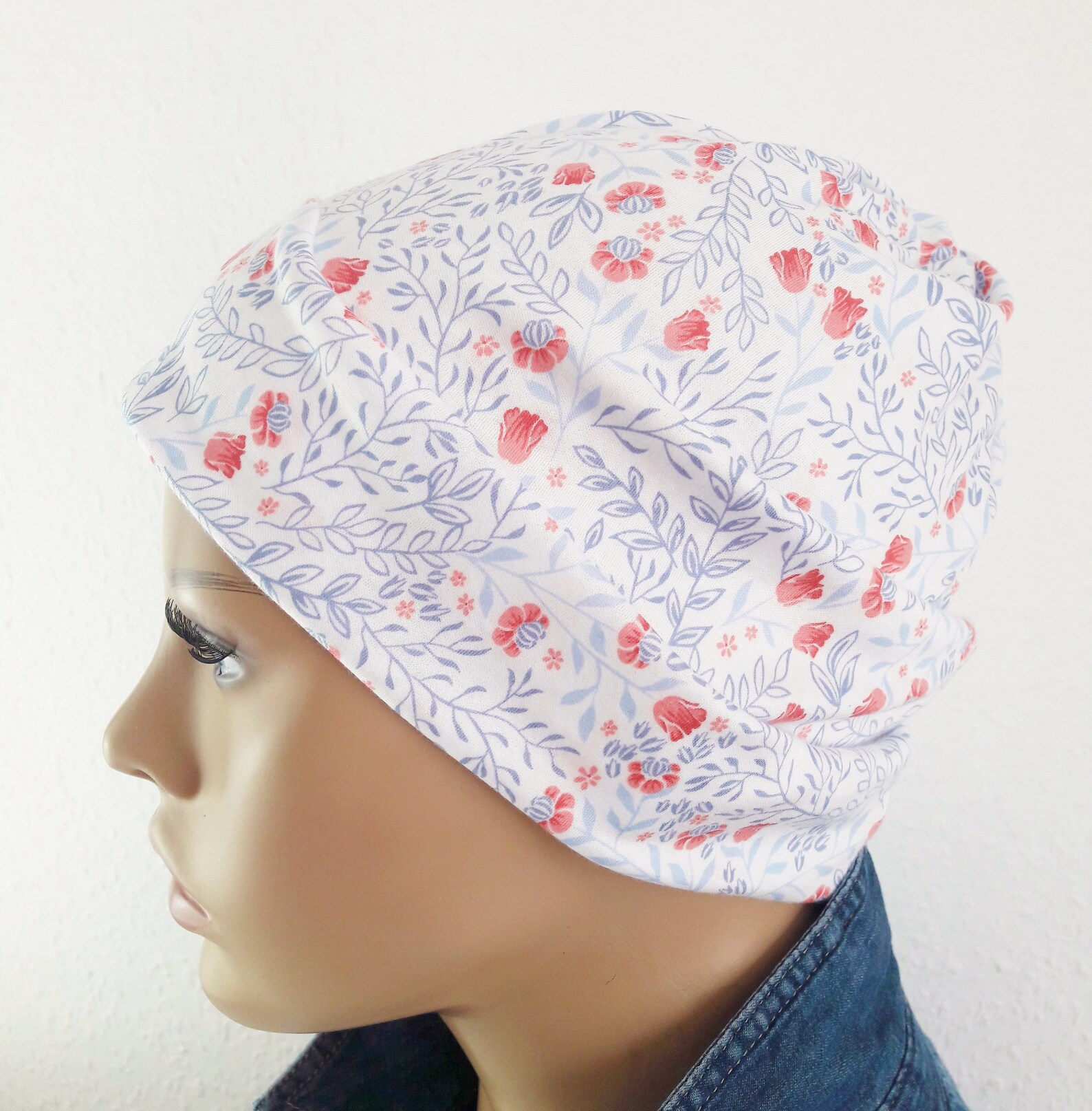 Cuddly Sleepy Night Cap Double Ply Cap White Blue Purple Flowers Chemo ...