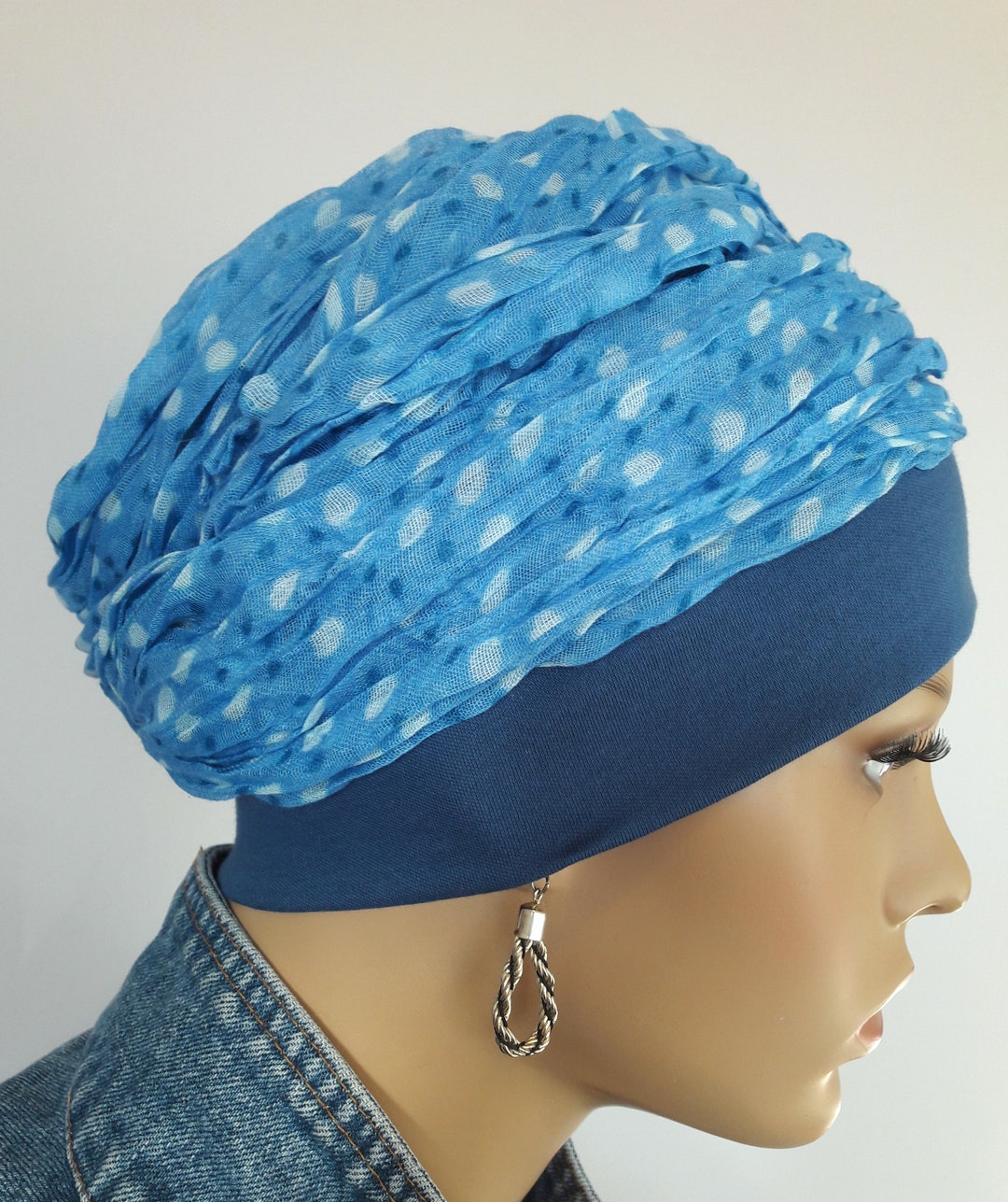 Couvre-chef dété chapeau turban enveloppé bandeau 2 parties bleus sage ...