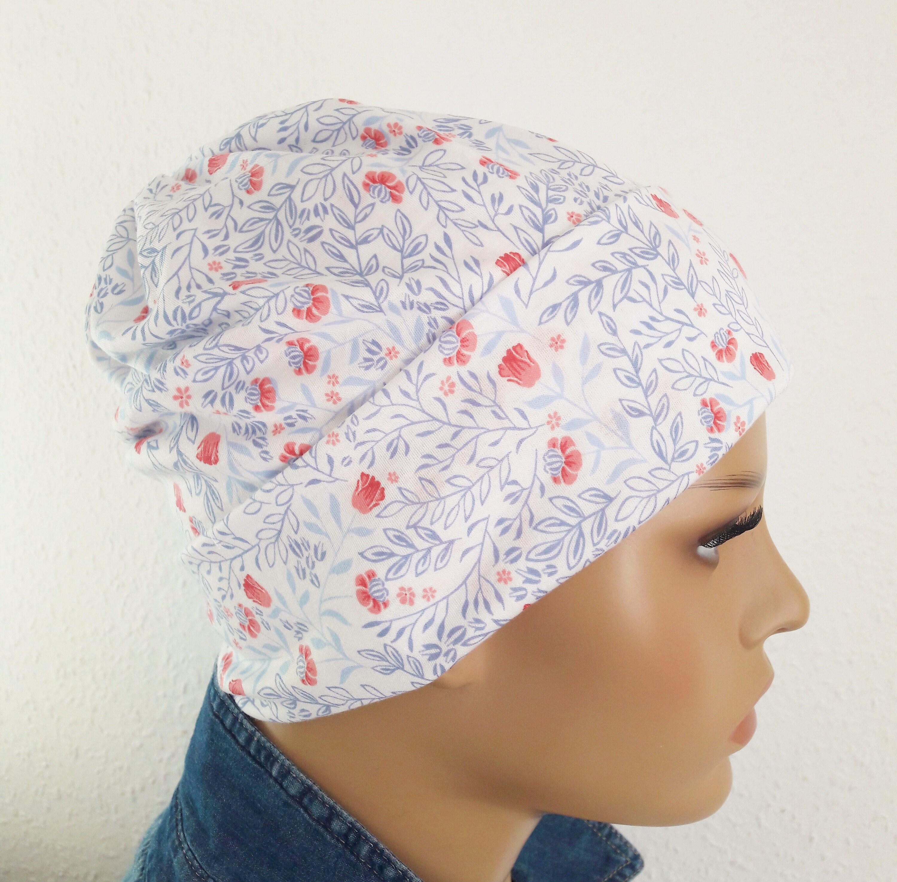 Cuddly Sleepy Night Cap Double Ply Cap White Blue Purple Flowers Chemo ...