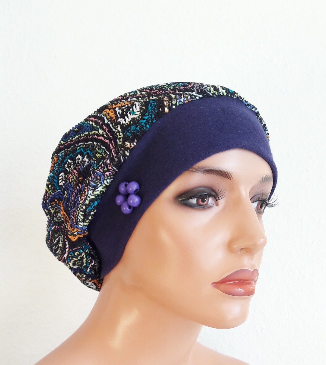 Balloon Cap Beret Beanie Hat Purple Blue Colorful Chemo Alopecia ...