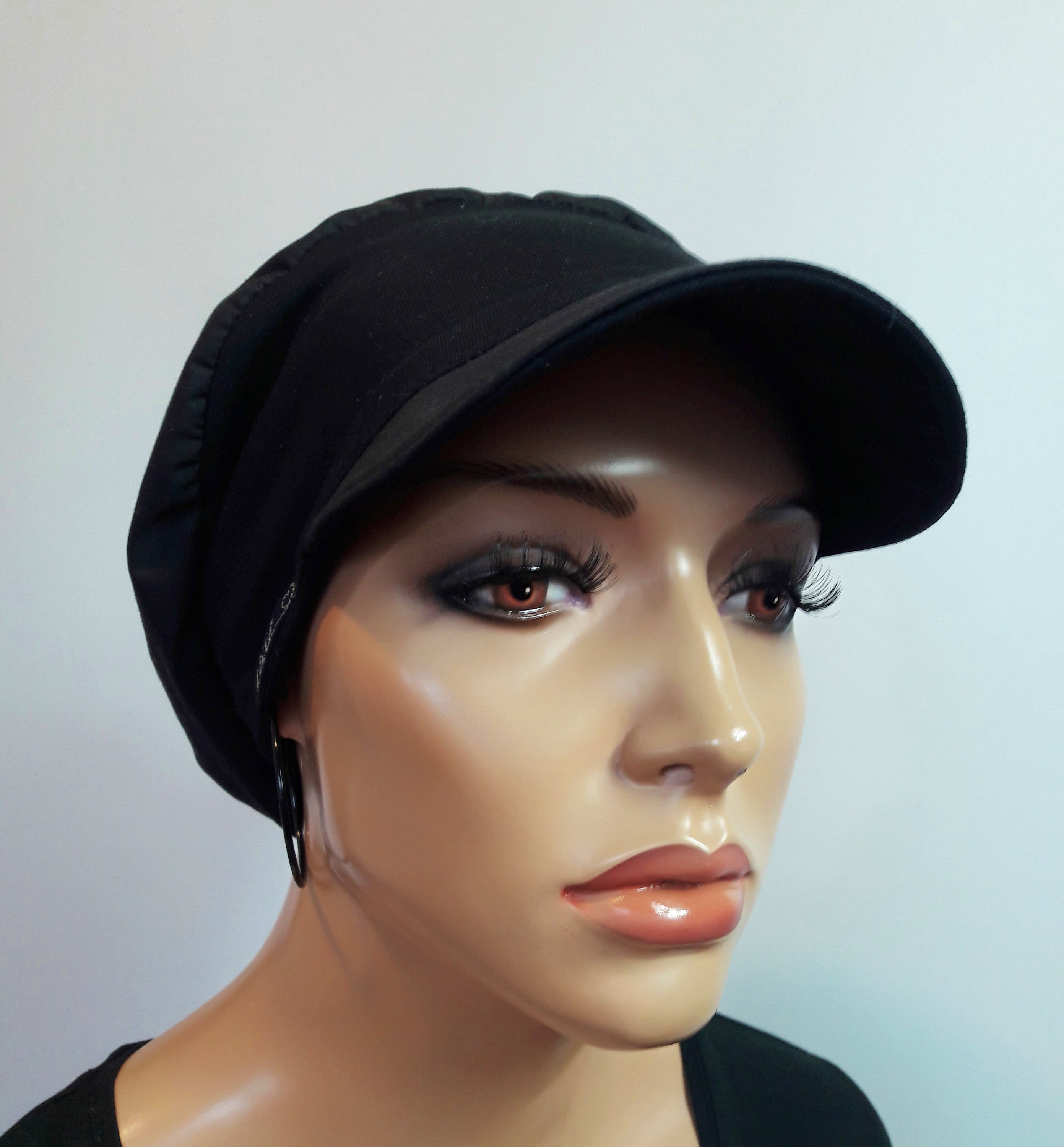 LUXURY WOMEN Cap Balloon Cap Black 100% Cotton Chemo Alopecia Hair Loss ...