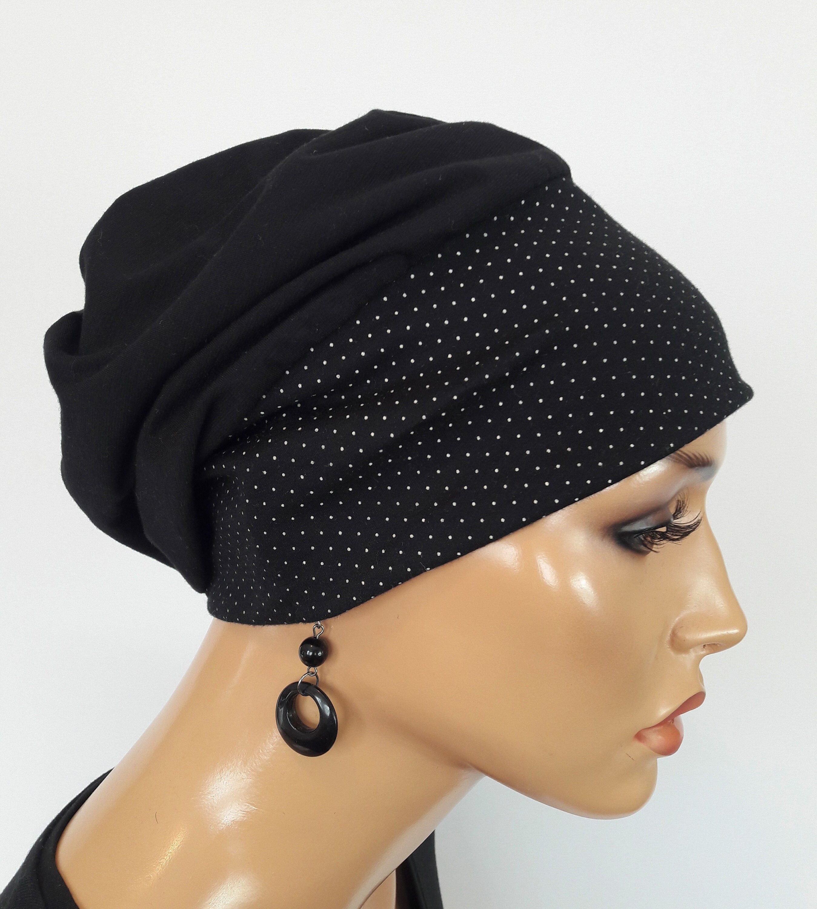 ELEGANT Balloon Hat Beret Turban Double Layered Black Dots Cotton ...
