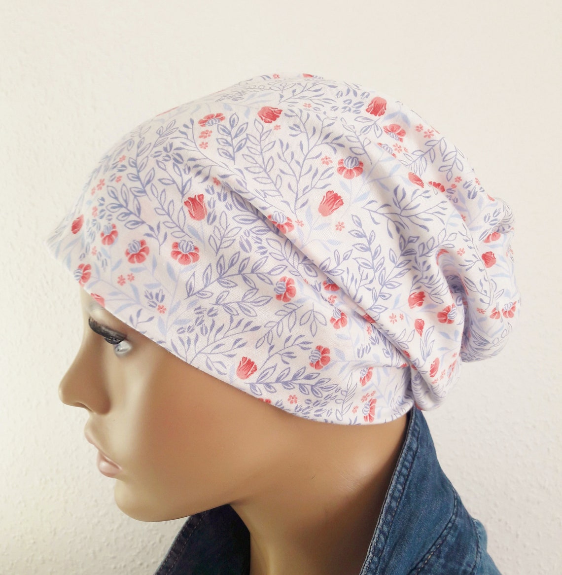 Cuddly Sleepy Night Cap Double Ply Cap White Blue Purple Flowers Chemo ...