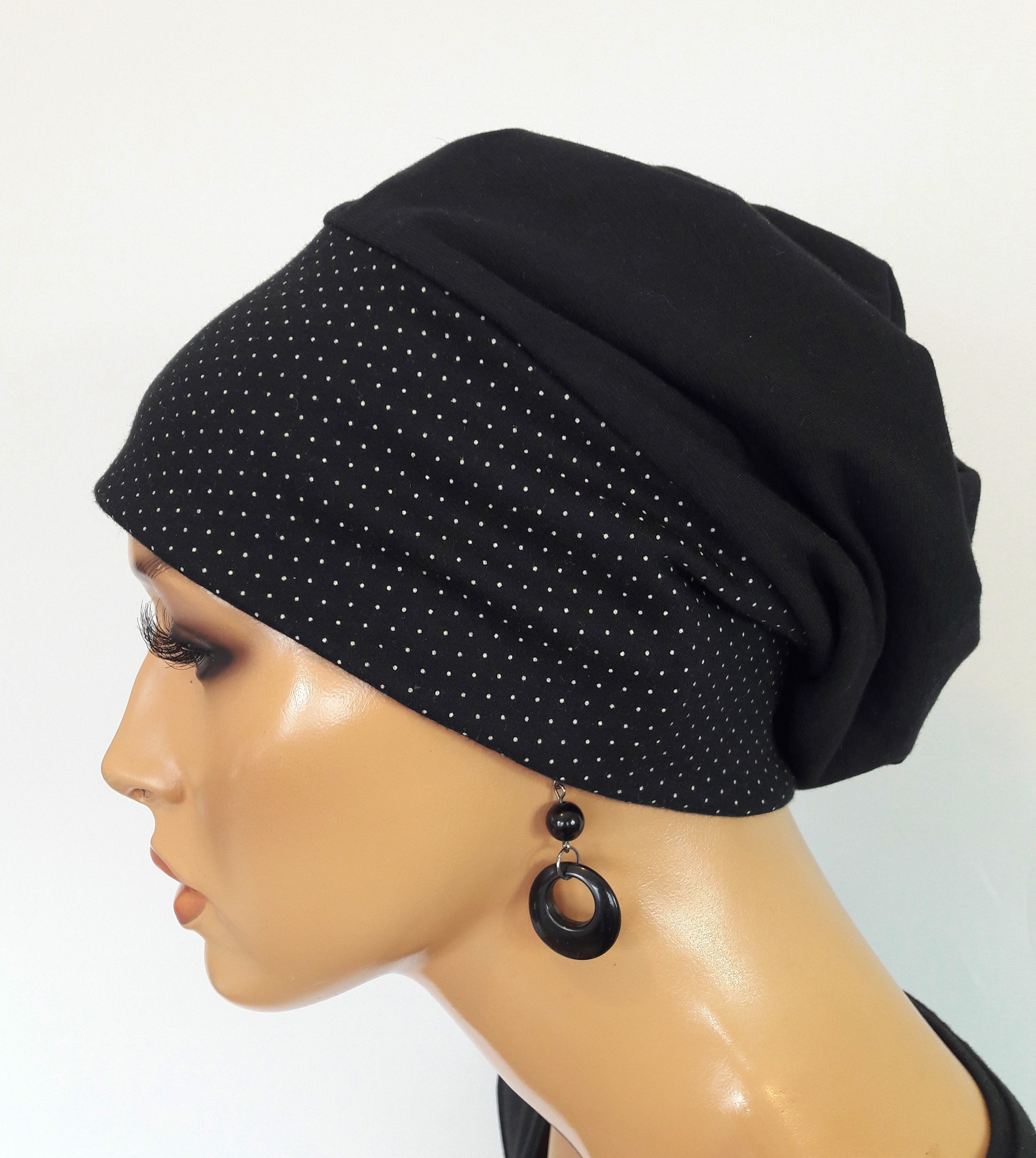 ELEGANT Balloon Hat Beret Turban Double Layered Black Dots Cotton ...