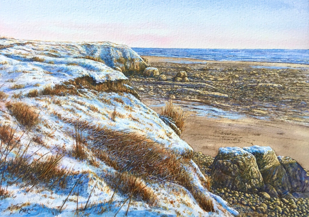 Original Aquarell Gemälde Schnee am Strand Ungerahmt Landschaft Gemälde ...