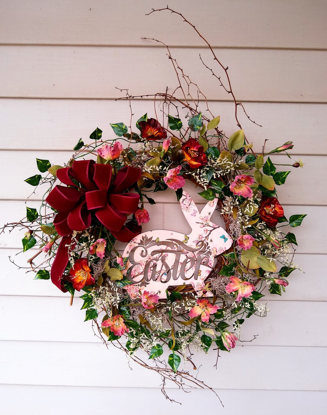 Spring Grapevine Easter Bunny Wreath. Vintage Floral Easter Wreath ...