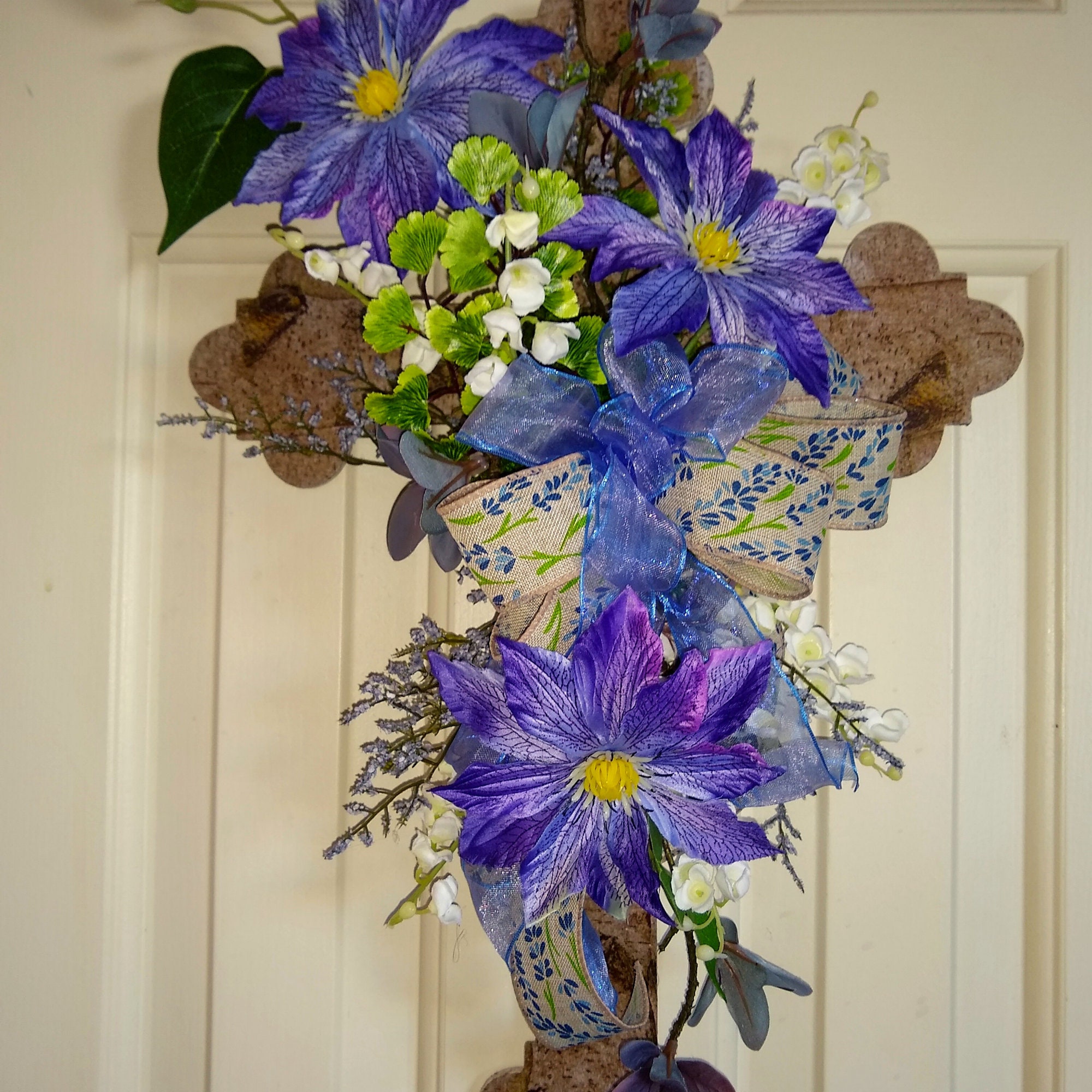 Floral Blue Purple Cross Decor. Cross Wall Hanger Blue. Cross in Birch ...