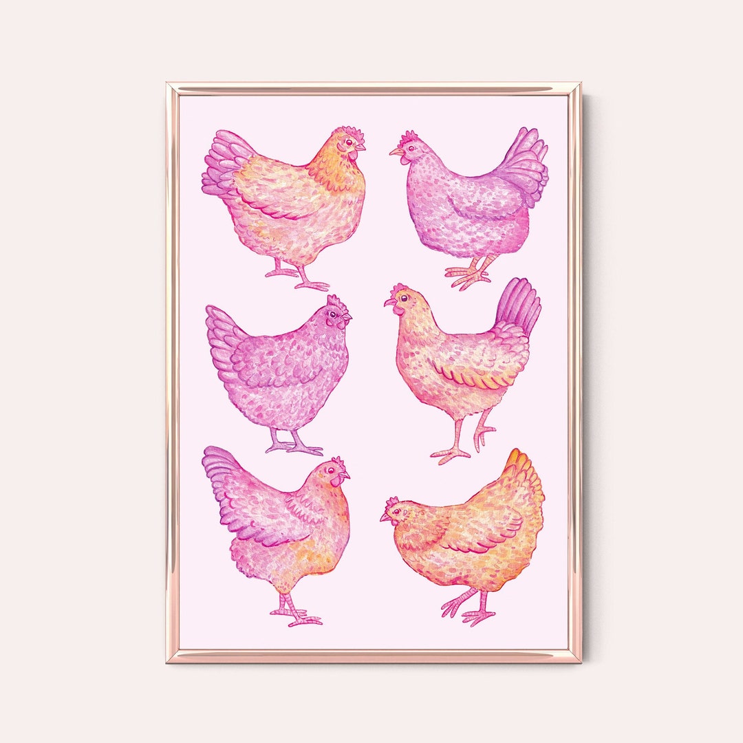 Spring Chickens Art Print | Watercolour Nature Hen Chickens Cute Pink ...