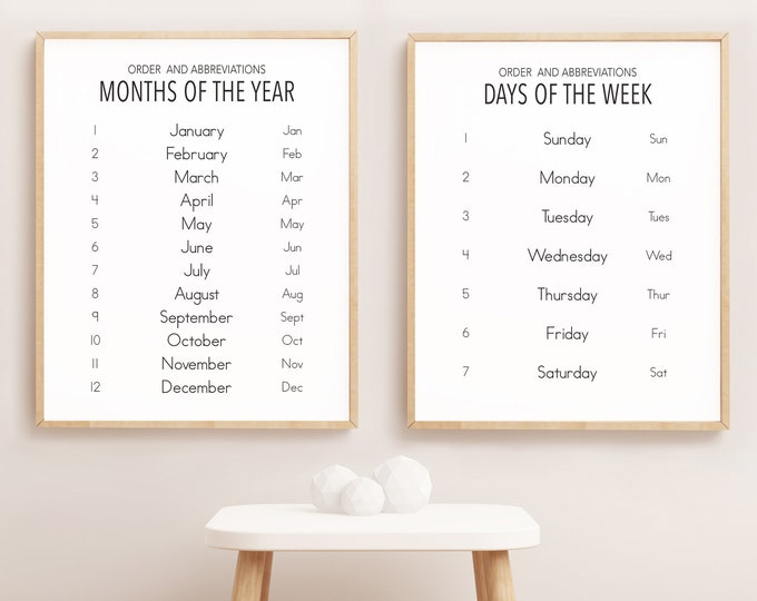 Months and Days Chart Set, Printable Art, Poster DIGITAL DOWNLOAD, Jpg ...