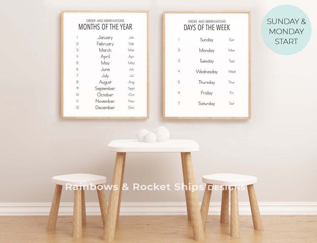 Months and Days Chart Set, Printable Art, Poster DIGITAL DOWNLOAD, Jpg ...