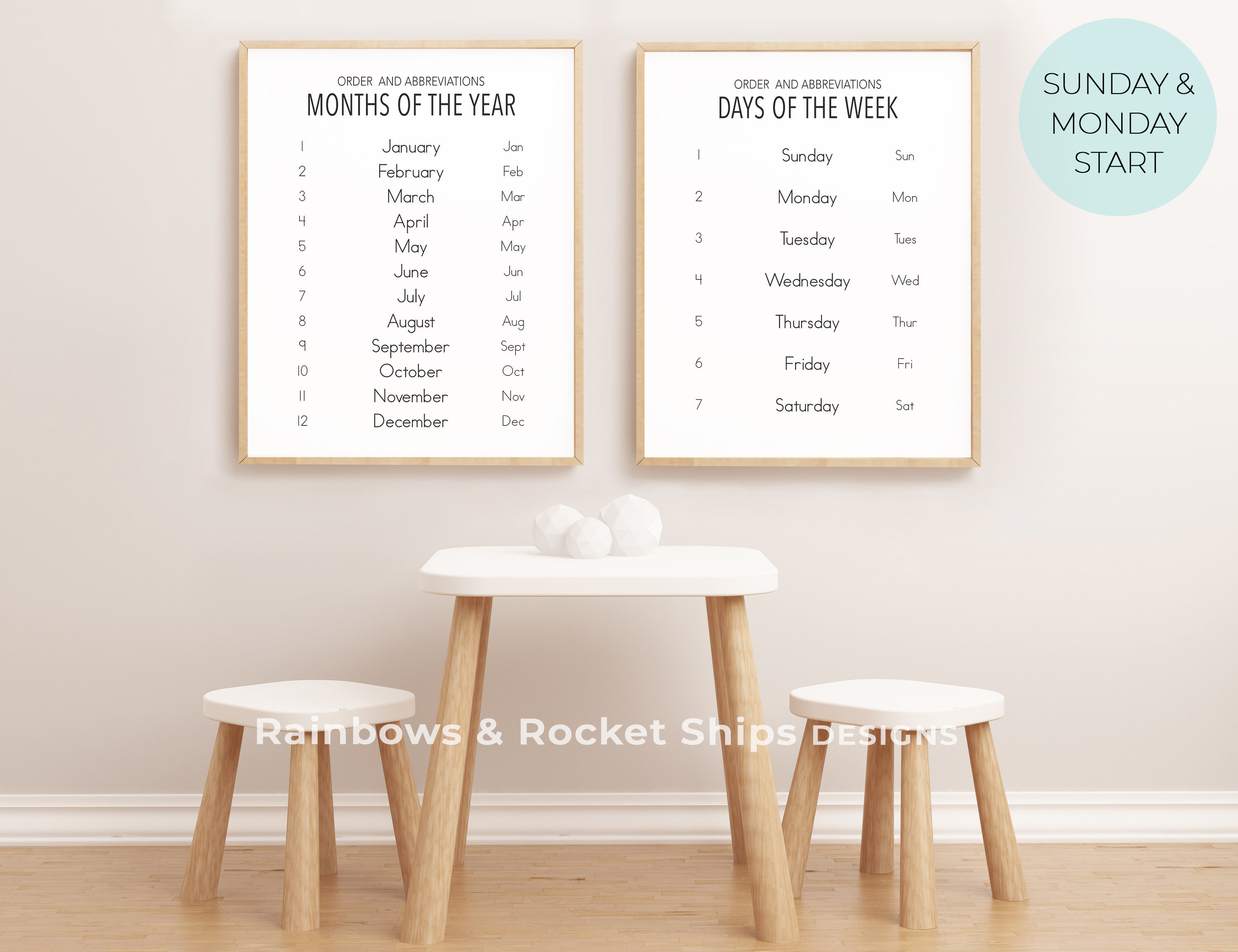 Months and Days Chart Set Printable Art Poster DIGITAL - Etsy