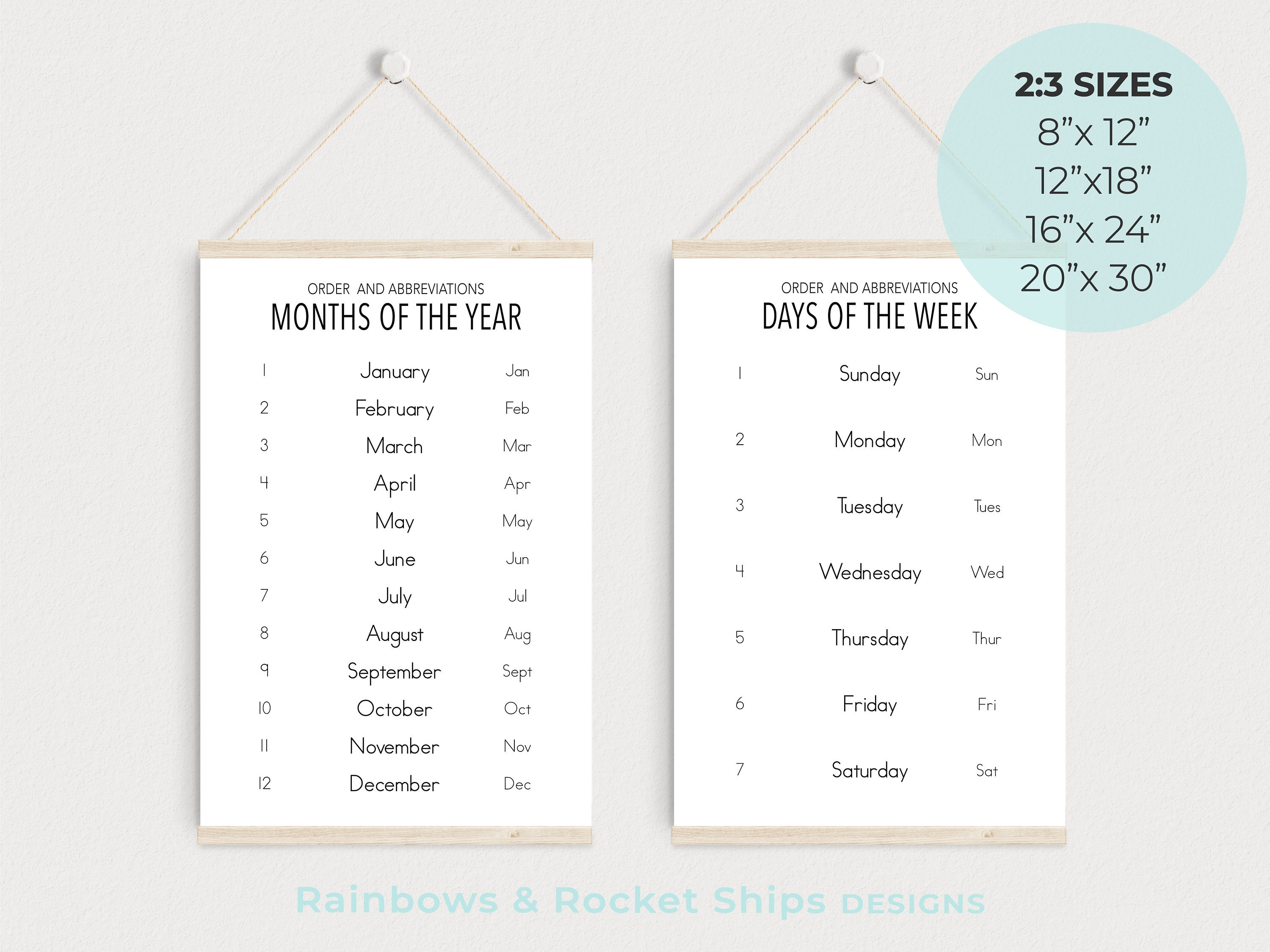 Months and Days Chart Set Printable Art Poster DIGITAL - Etsy