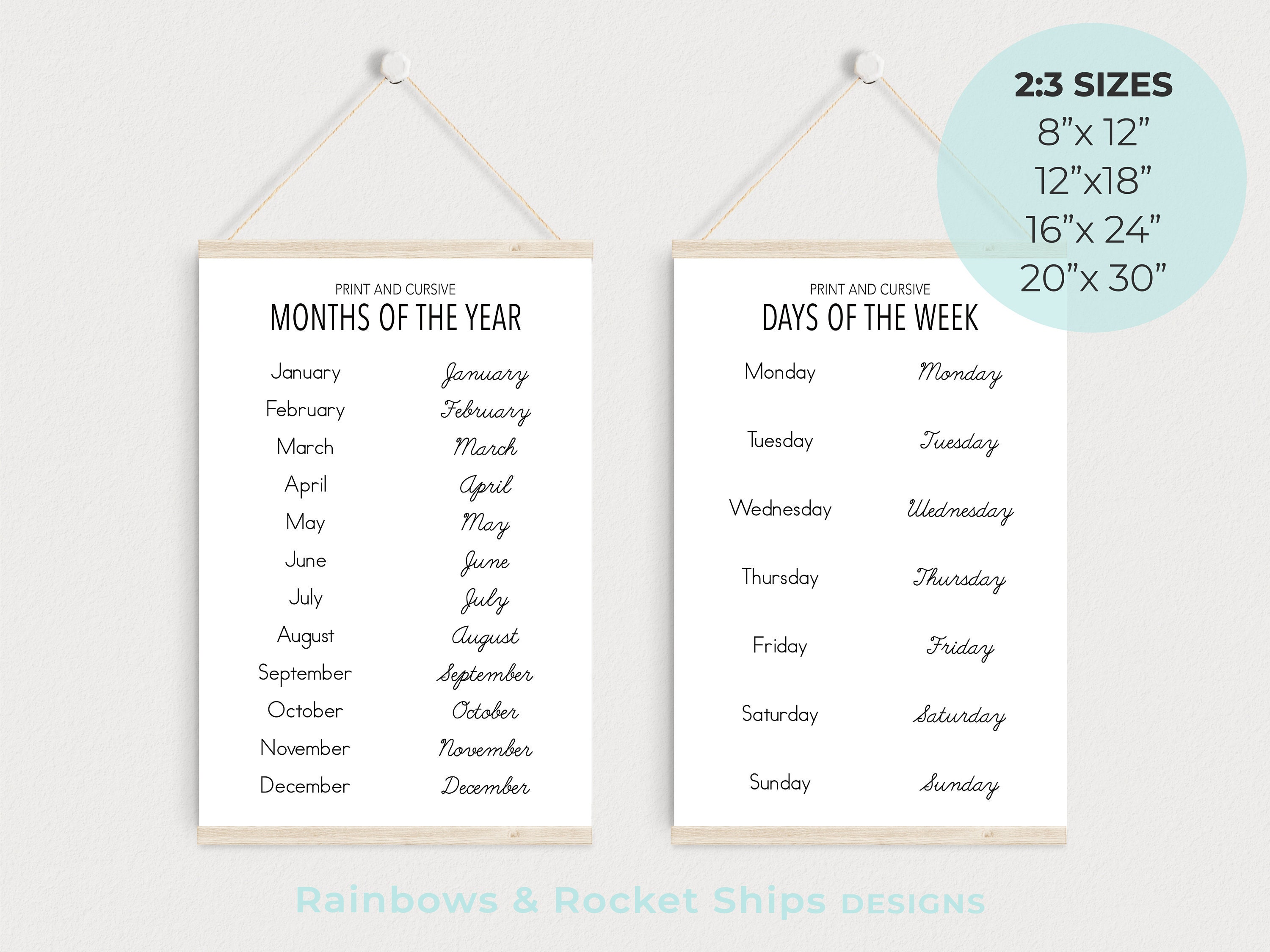Months and Days Cursive Chart Set, Printable Art, Poster DIGITAL ...