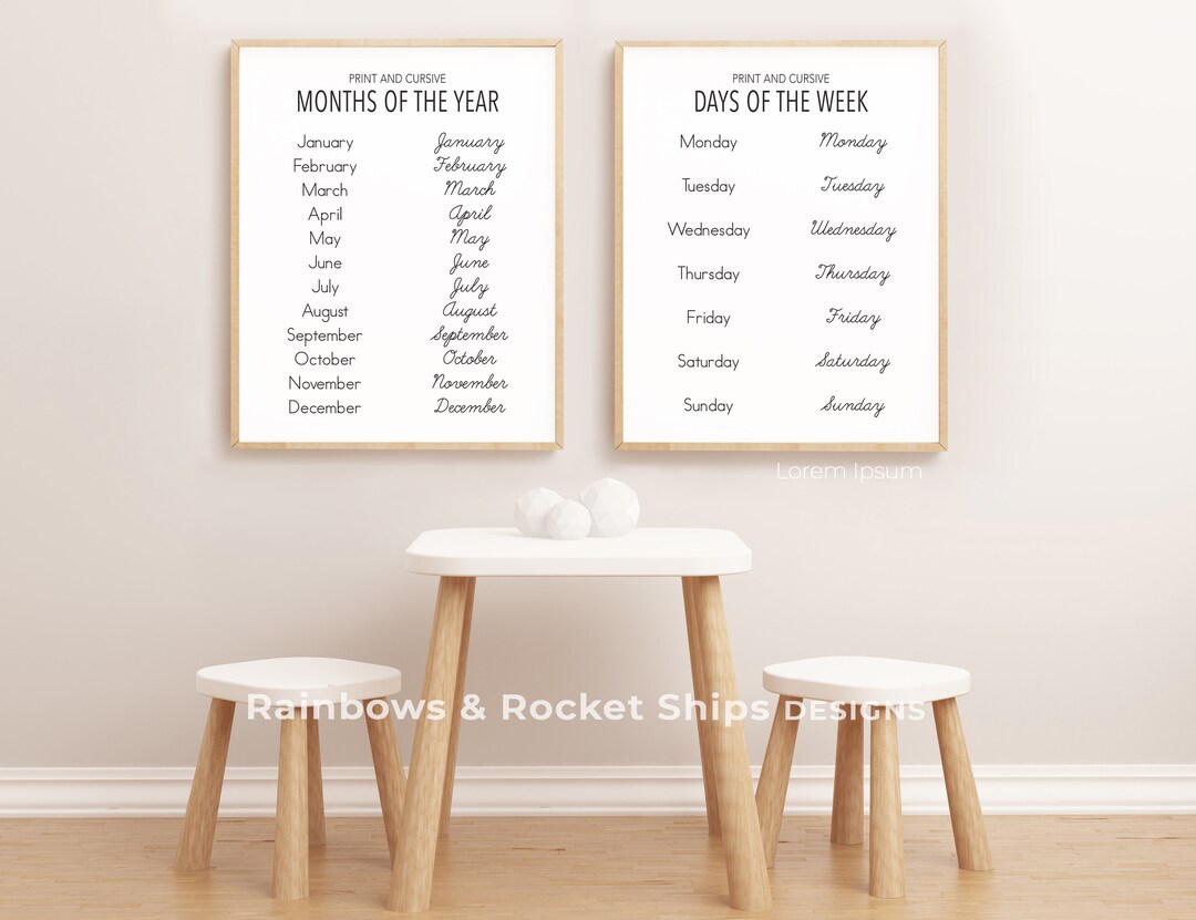 Months and Days Cursive Chart Set, Printable Art, Poster DIGITAL ...