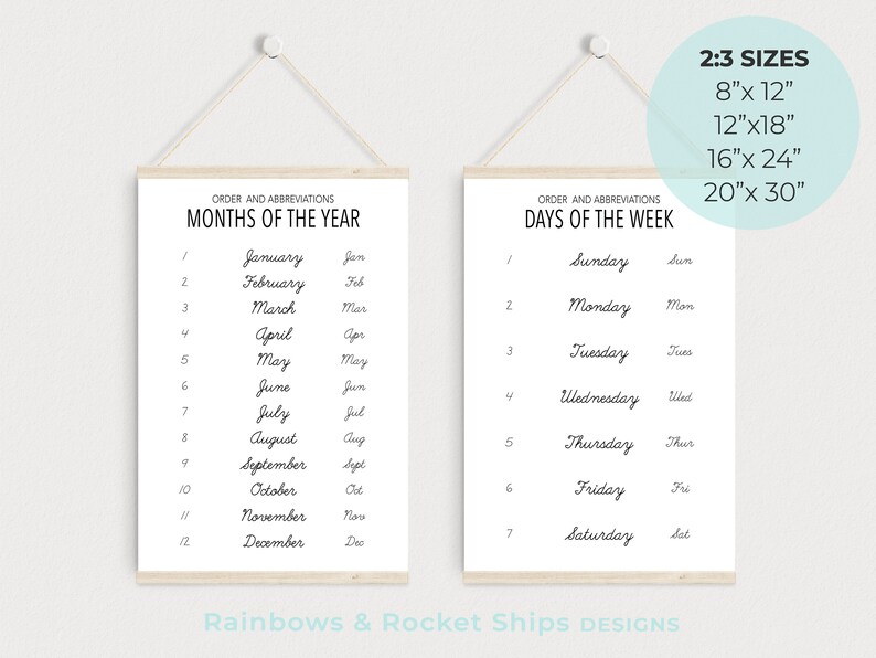 Months and Days Cursive Chart Set, Printable Art, Poster DIGITAL ...