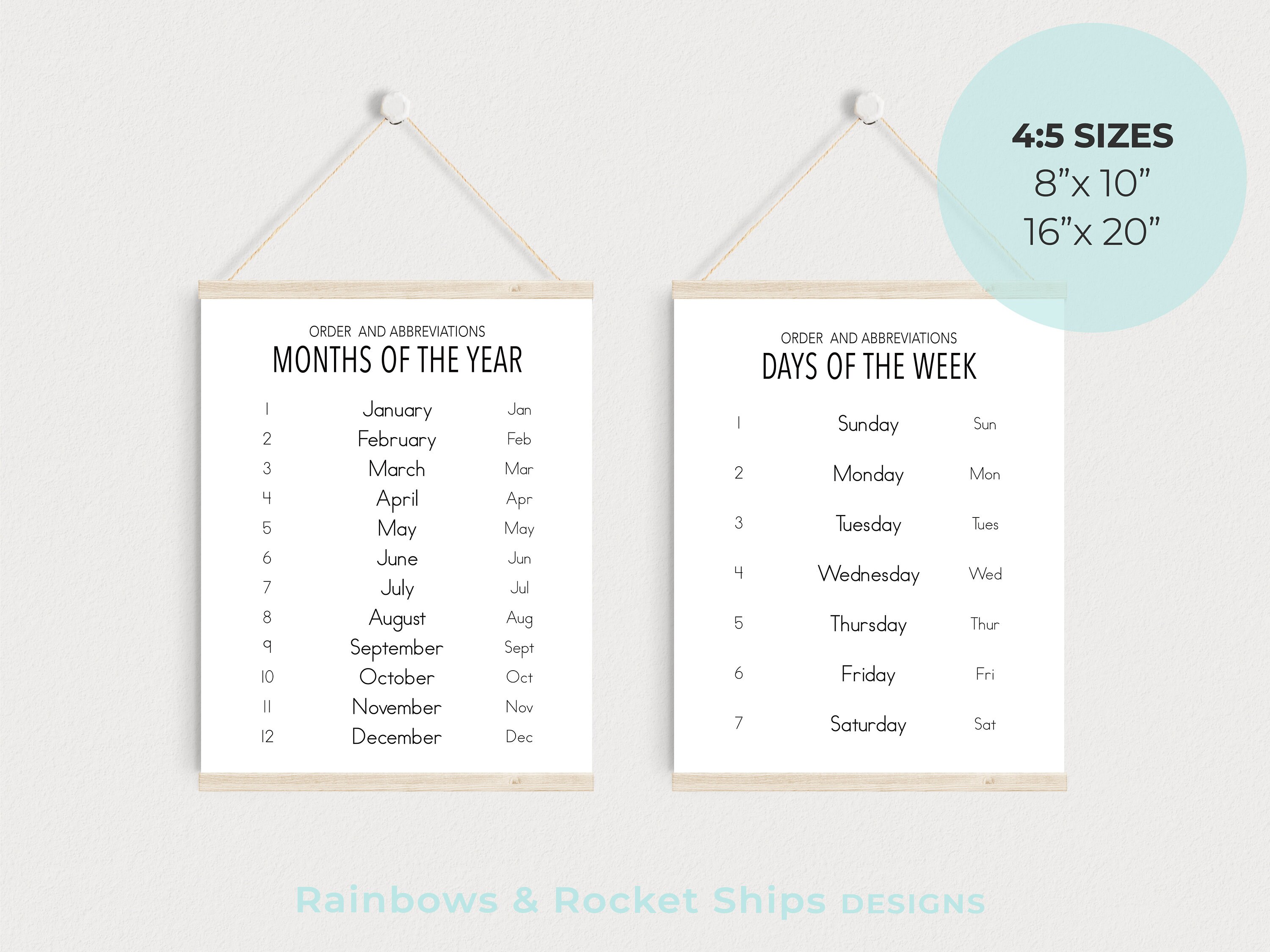 Months and Days Chart Set Printable Art Poster DIGITAL - Etsy