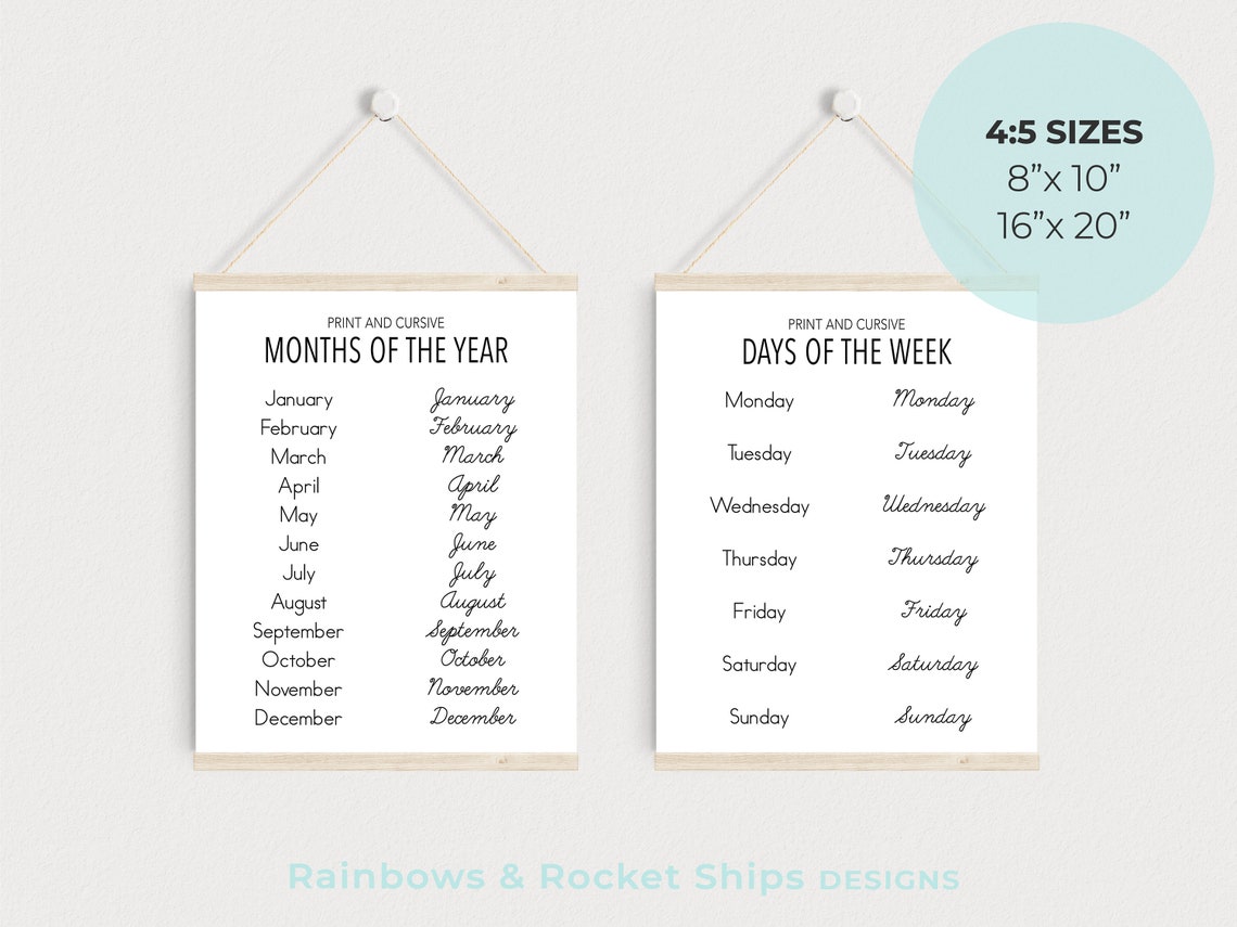 Months and Days Cursive Chart Set Printable Art Poster | Etsy
