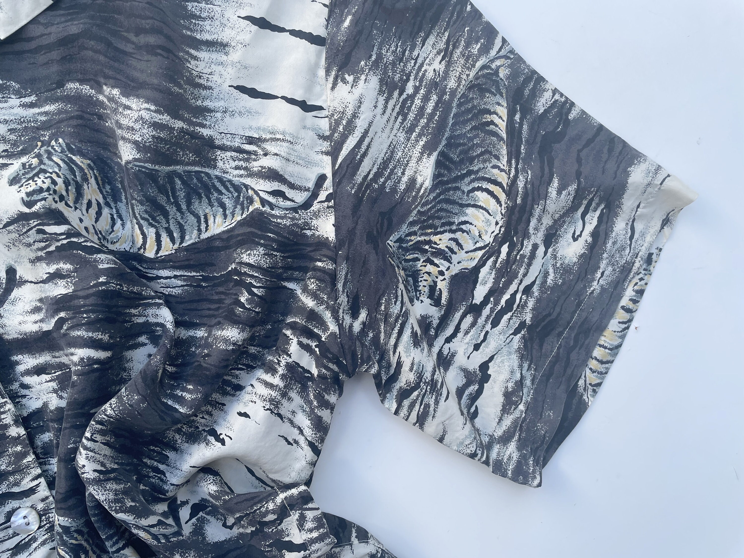 Vintage Miss Astor Silk Blouse, Tiger Print Silk Shirt, Gray Tiger ...