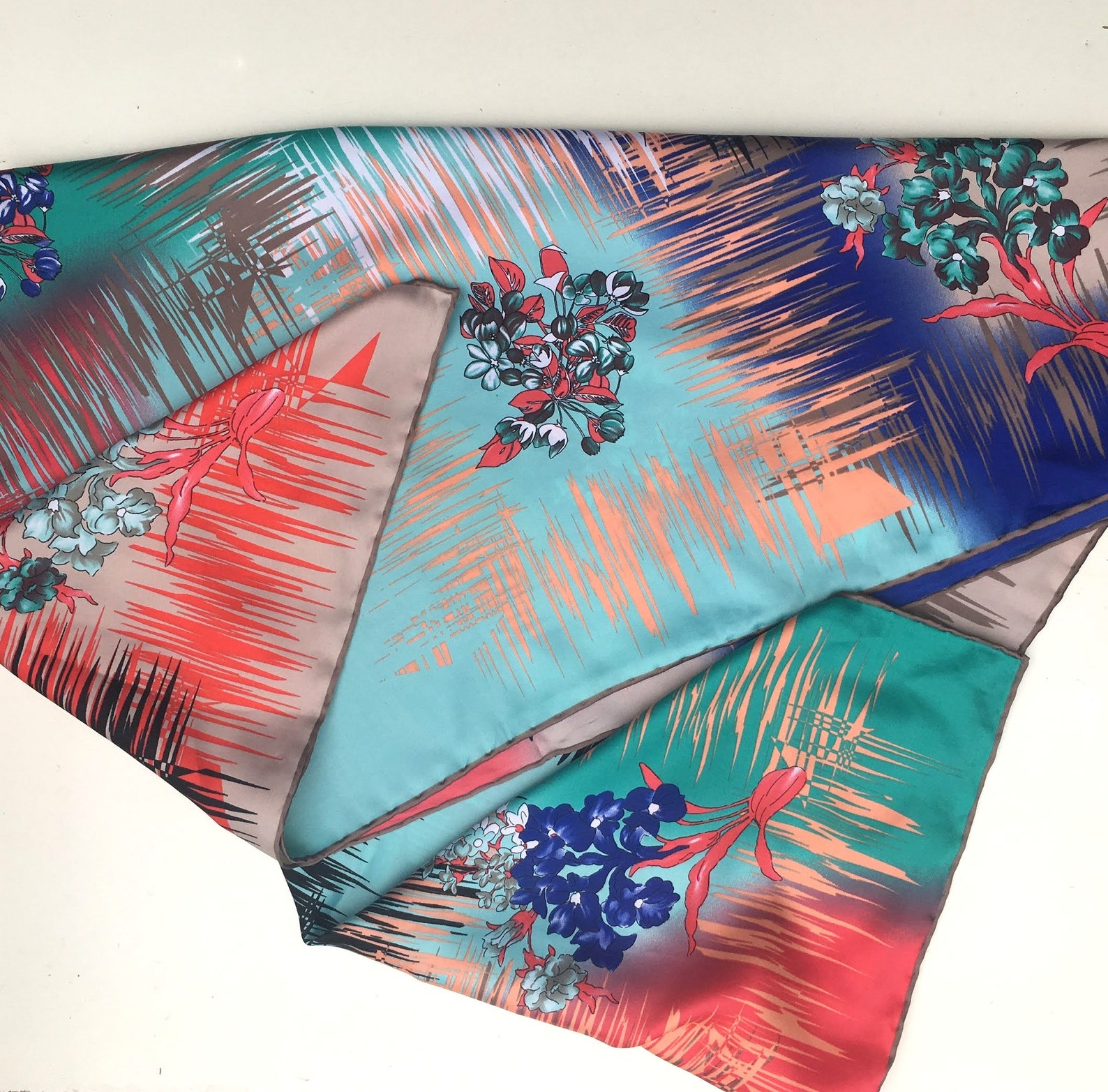 Turquoise and Coral Scarf, Vintage Scarf, Large Floral Scarf, Square ...