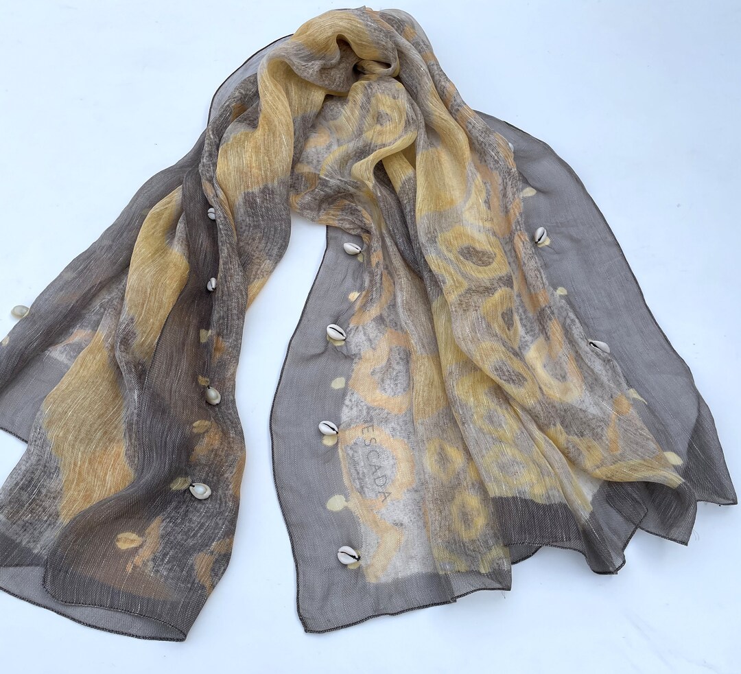 Escada Scarf With Real Shells, Yellow and Brown Scarf, Vintage Designer ...