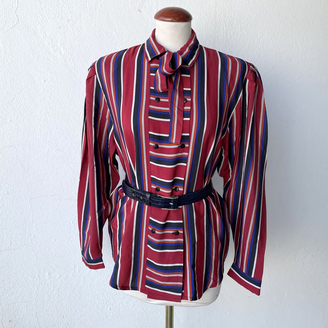 Vintage Striped Blouse, Vintage Womens Clothing, Red Blue Striped ...