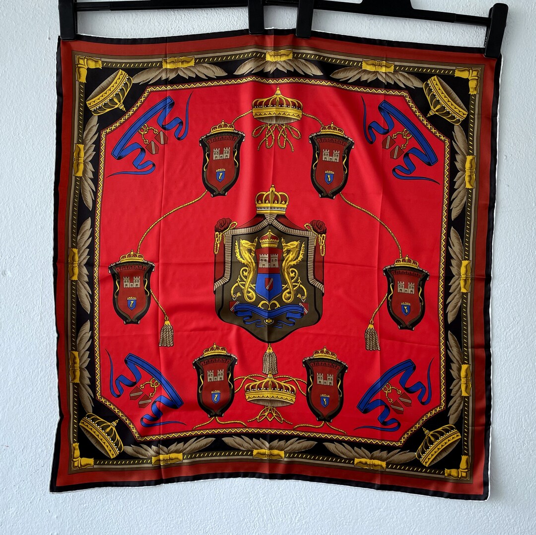 Red Silk Royal Scarf, Vintage Crest Printed Scarf, Elegant Scarf ...