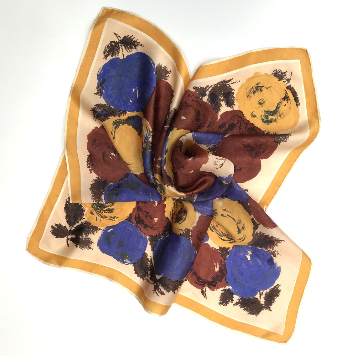 Hand Painted Vintage Silk Scarf Art Scarf Yellow Brown Blue | Etsy