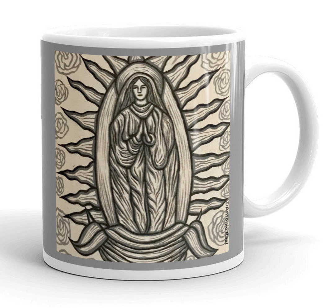 Virgin Mary Mother of Jesus Coffee Mug, Gray Black & White Spiritual ...