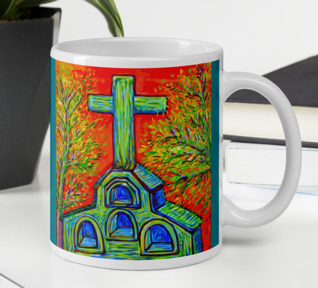Religious Colorful Church Mug, Catholic Orange Blue Coffee Mug ...
