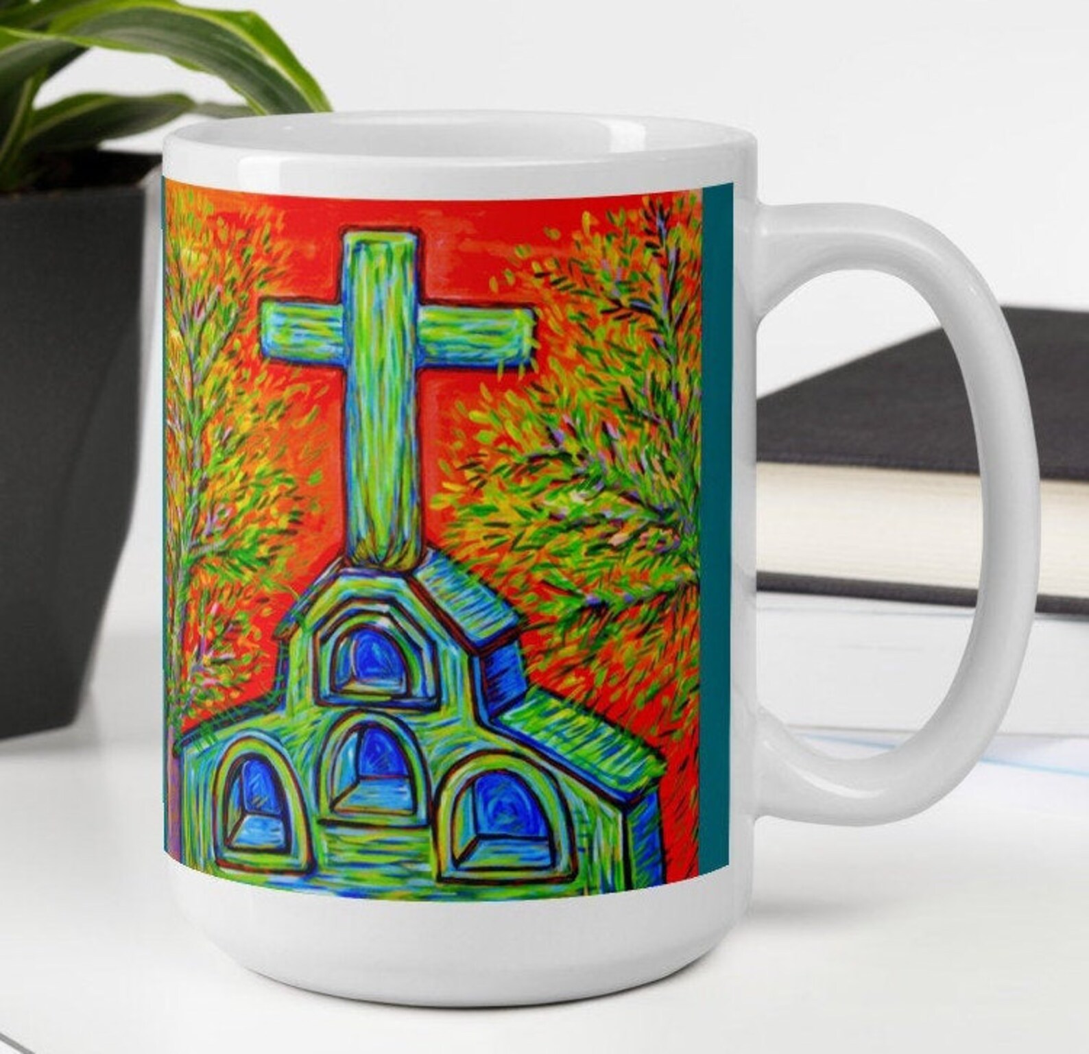 Religious Colorful Church Mug Catholic Orange Blue Coffee | Etsy