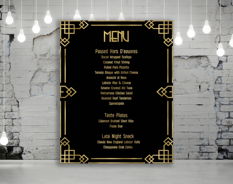 Gatsby Food Menu, Prohibition Menu, Roaring 20s Menu, Wedding Black and ...