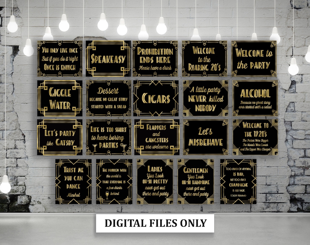 20 Great Gatsby Signs Bundle, Roaring 20s Party Decorations, Black and ...