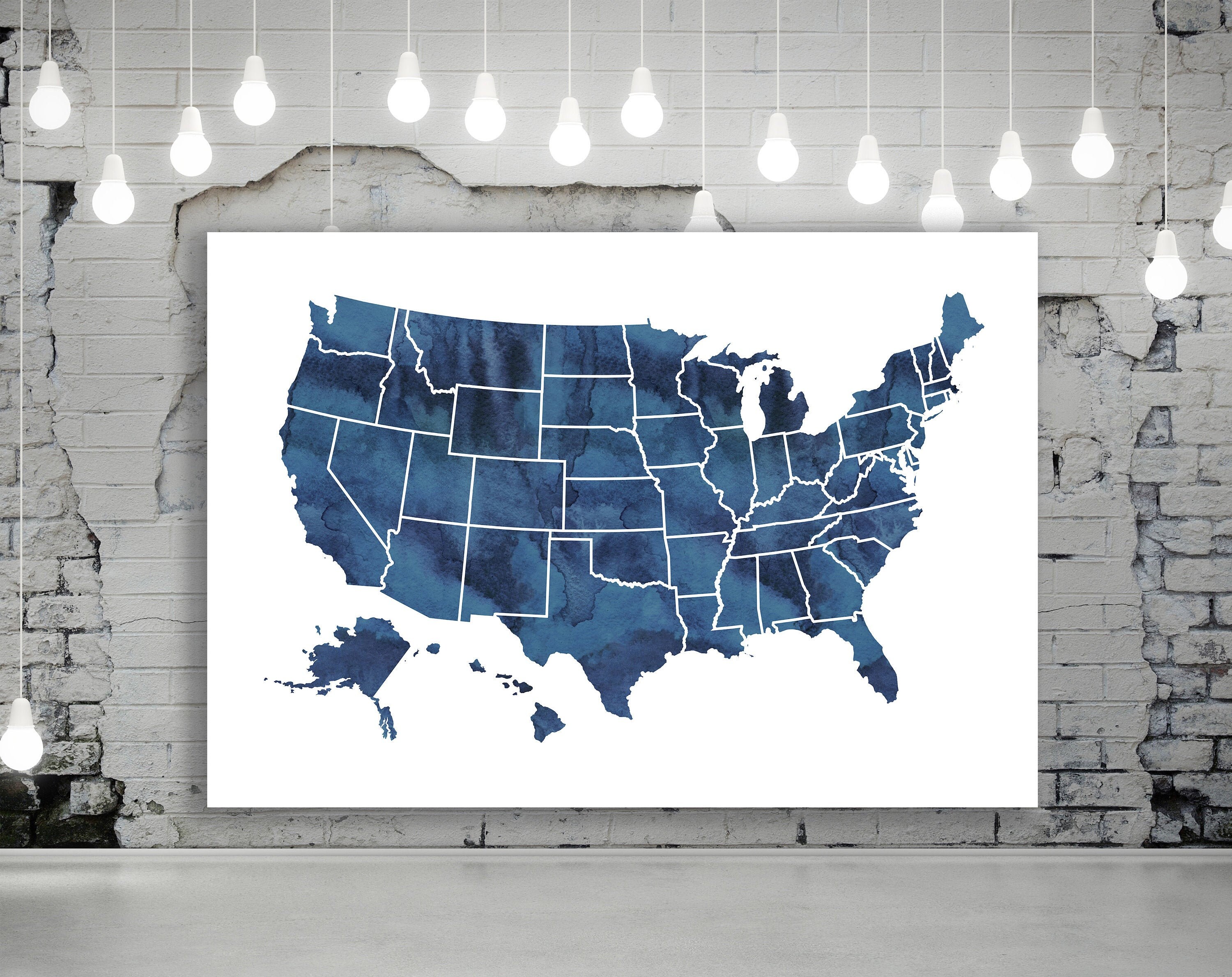Navy Watercolor USA Map, United States Map, Printable Navy Map USA ...