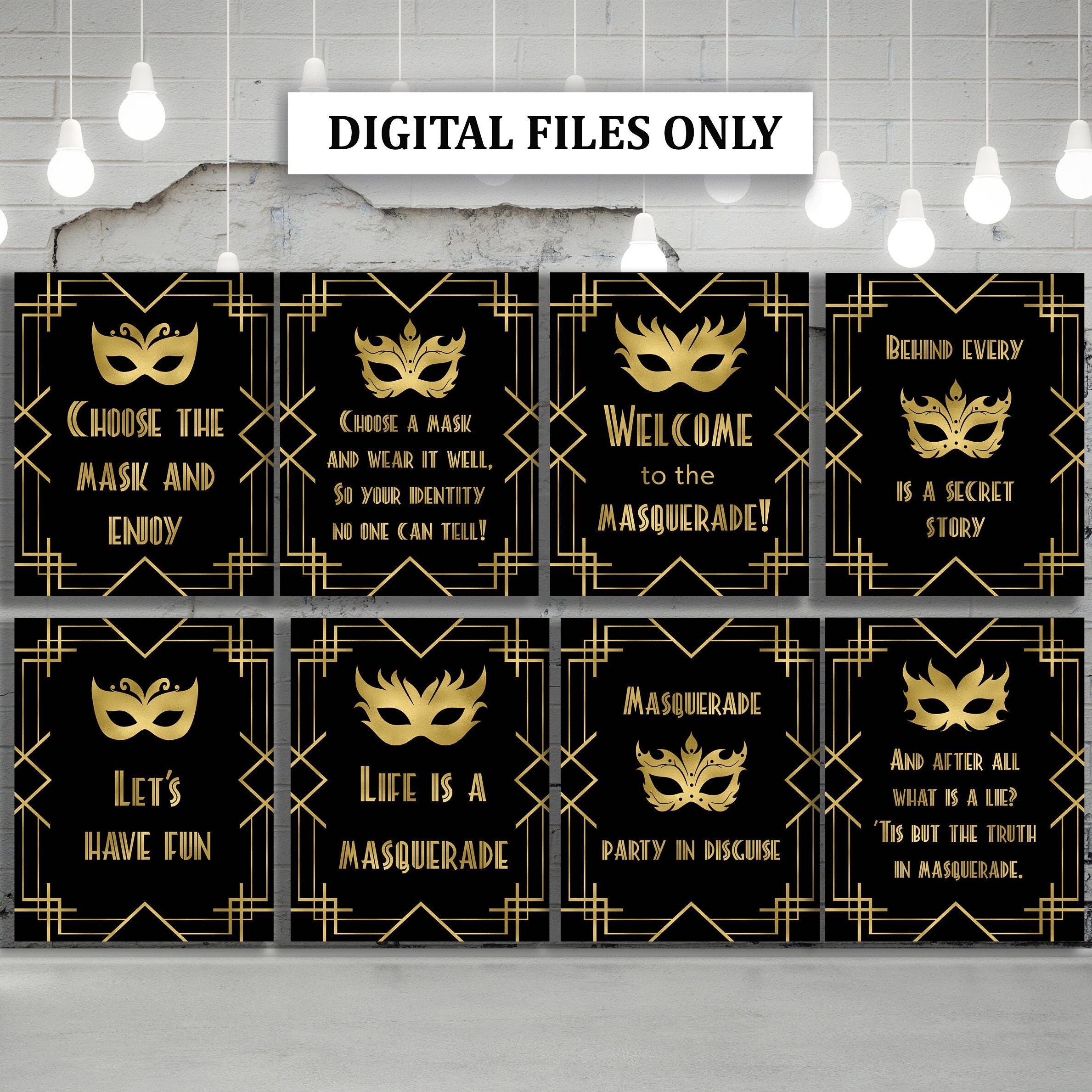 Black and Gold Masquerade Party Signs Bundle Decor, Birthday Masquerade ...