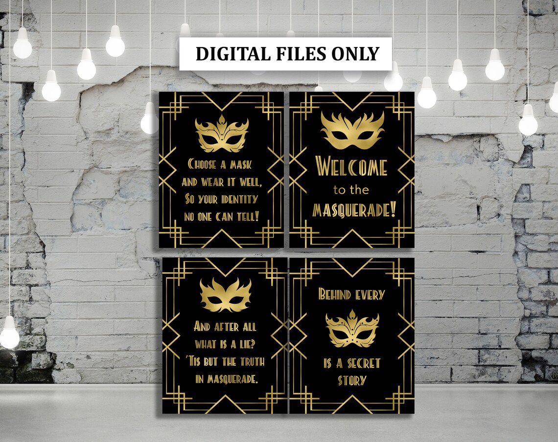Black and Gold Masquerade Party Signs Bundle Decor, Birthday Masquerade ...
