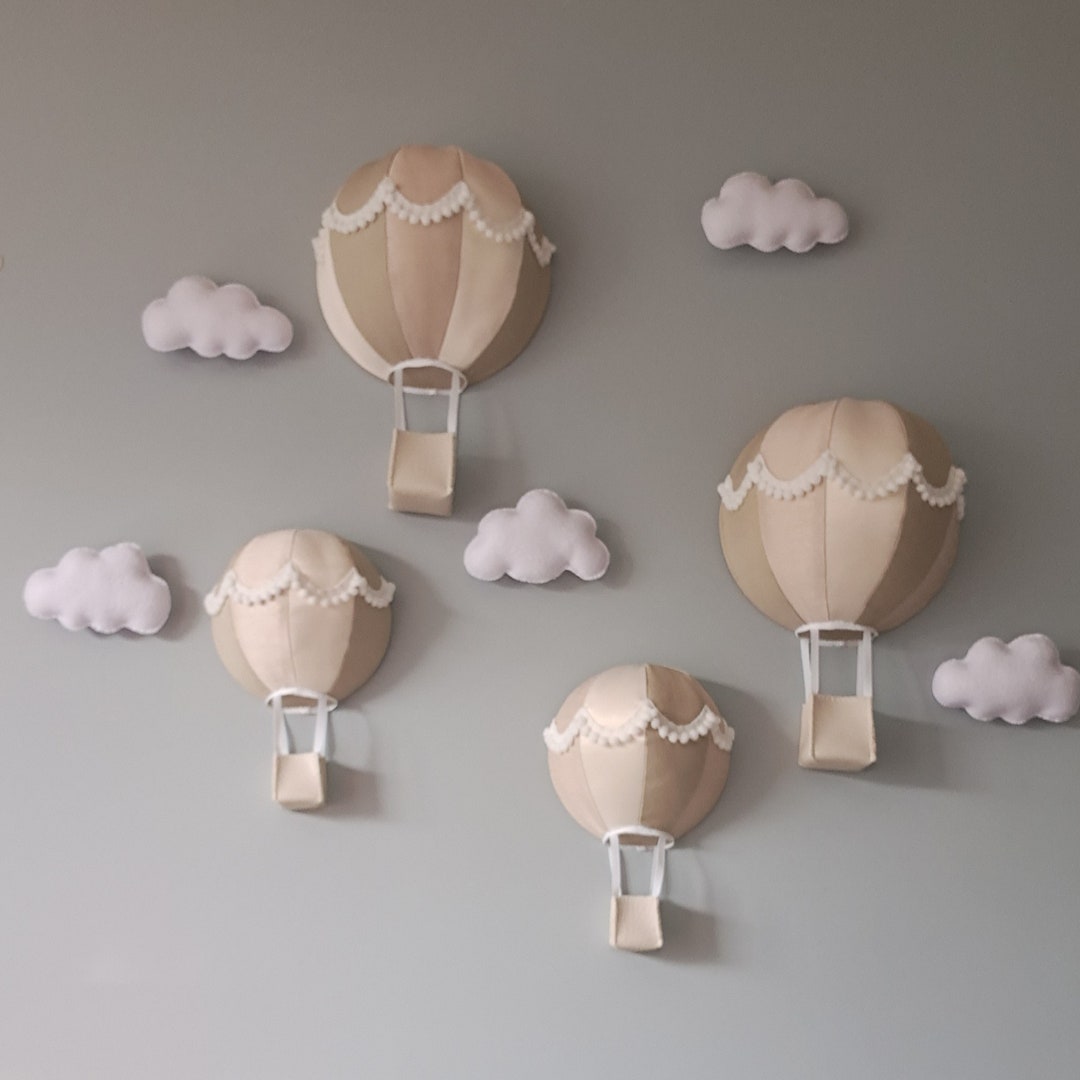 Hot Air Balloon and Cloud Wall Hanging, Cloud Nursery Decor, Neutral Hot Air Balloon Decor ...