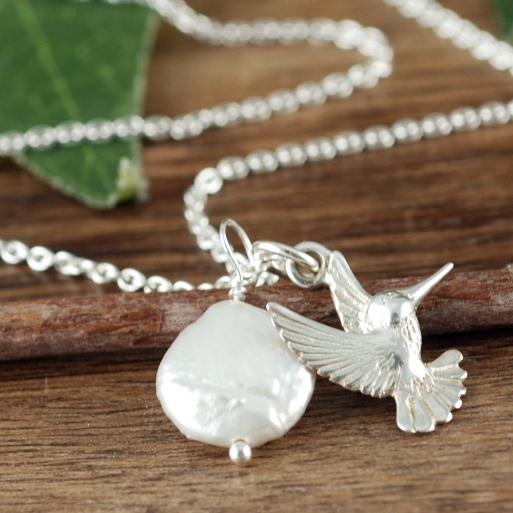 Silver Hummingbird Necklace, Hummingbird Jewelry, Coin Pearl Necklace ...