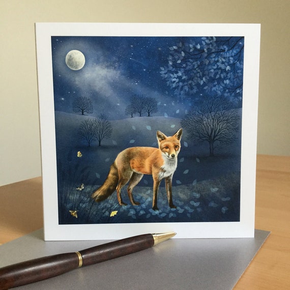 Moonlight Fox Fox card Greeting card notelet square blank | Etsy