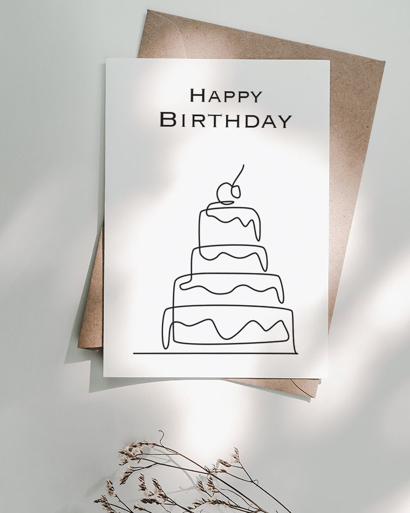 Happy Birthday Minimal Line Art Digital Download Card - Etsy